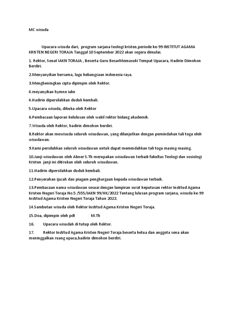 Susunan Acara Wisuda IAKN Toraja | PDF