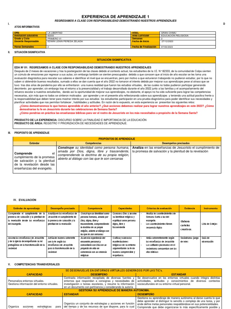 Experiencia de Aprendizaje 1 Primero Religion Edwin Pereda | PDF | Aprendizaje | Evaluación
