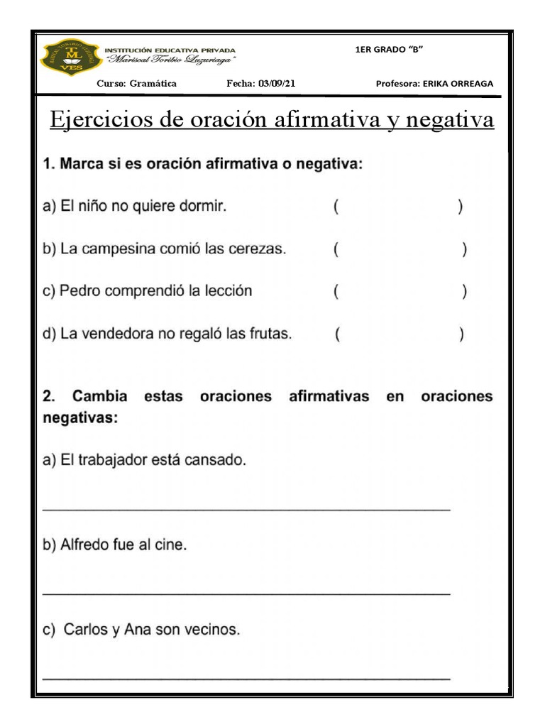 Ejercicios de Oraciones Afirmativas y Negativas | PDF | Crecimiento ...