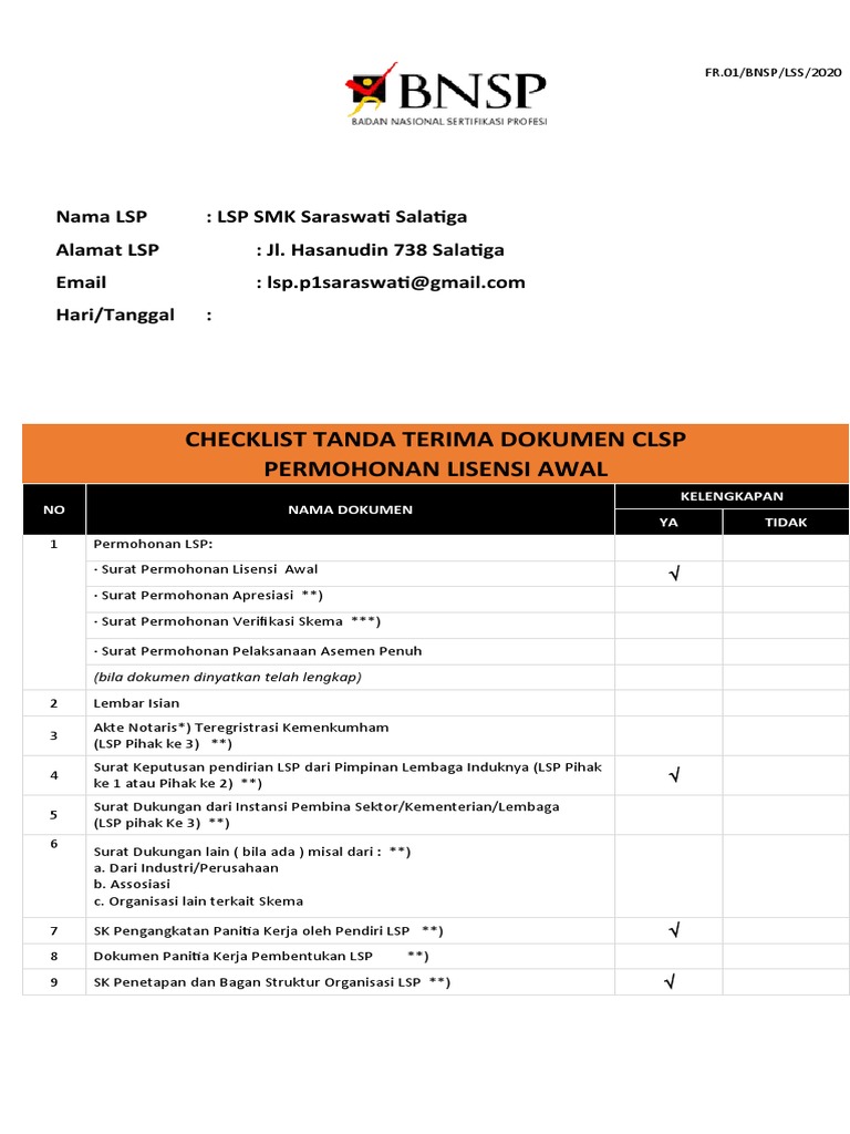 Ceklist Pendirian LSP | PDF