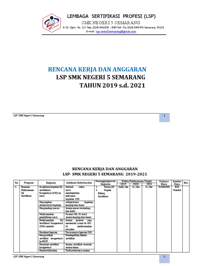 Rencana Kerja LSP SMK 5 Semarang 2019-2021 | PDF