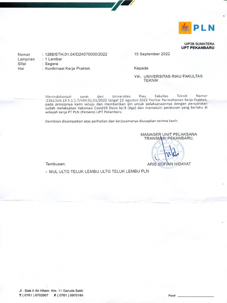 PLN Upt Pekanbaru - Kerja Praktek - 0001 | PDF PLN Upt Pekanbaru - Kerja Praktek - 0001 | PDF