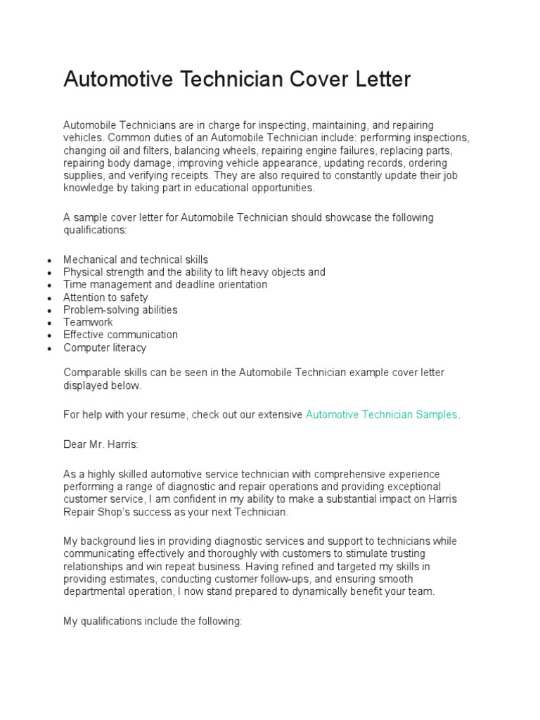Automotive Technician Cover Letter | Download Free PDF | Car | Skill