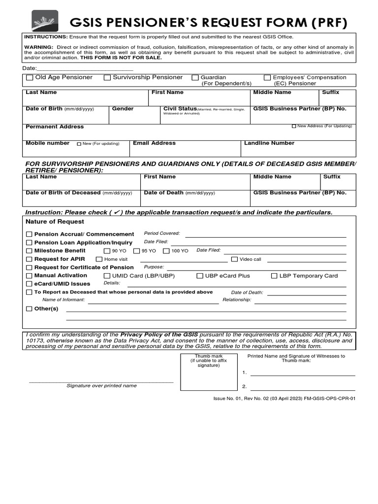 20230403-FM-GSIS-OPS-CPR-01_Pensioners-Request-Form-fillable | PDF ...