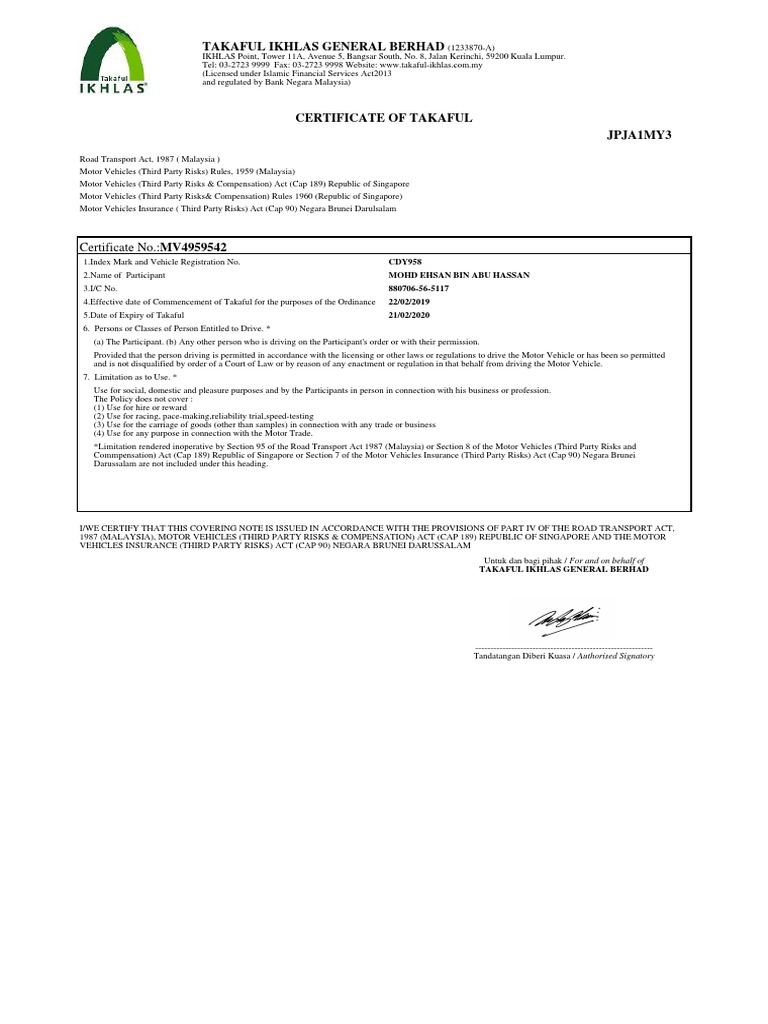 Certificate No.:MV4959542: Takaful Ikhlas General Berhad | PDF | Government | Justice