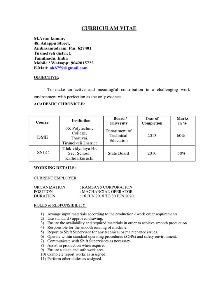 CV - Mech Oper Arun | PDF