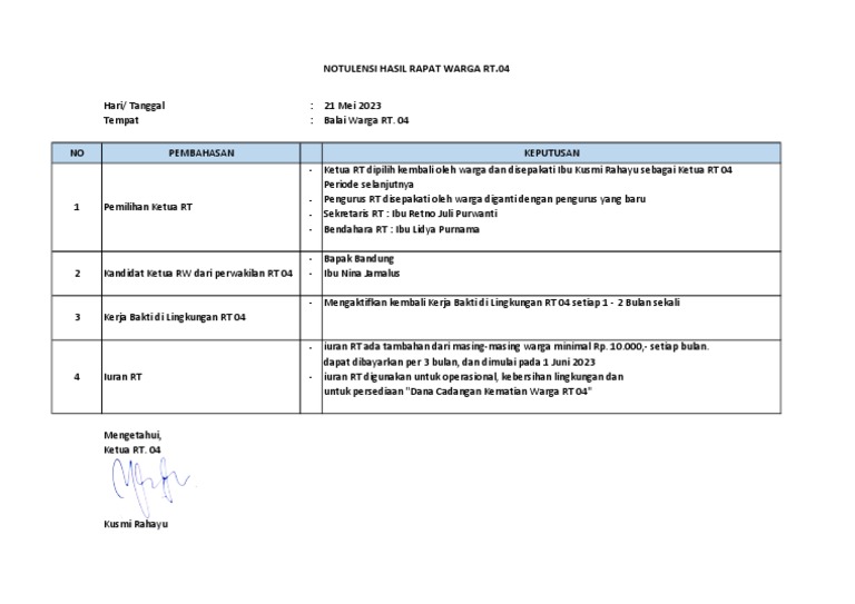 Notulen Rapat Warga RT 04 Mei 2023 | PDF