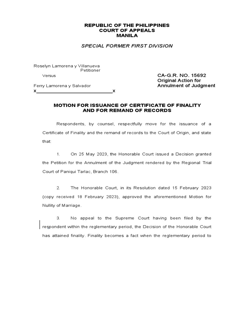 Motion For Certificate of Finality PDF Free | PDF | Judgment (Law) | Government Institutions