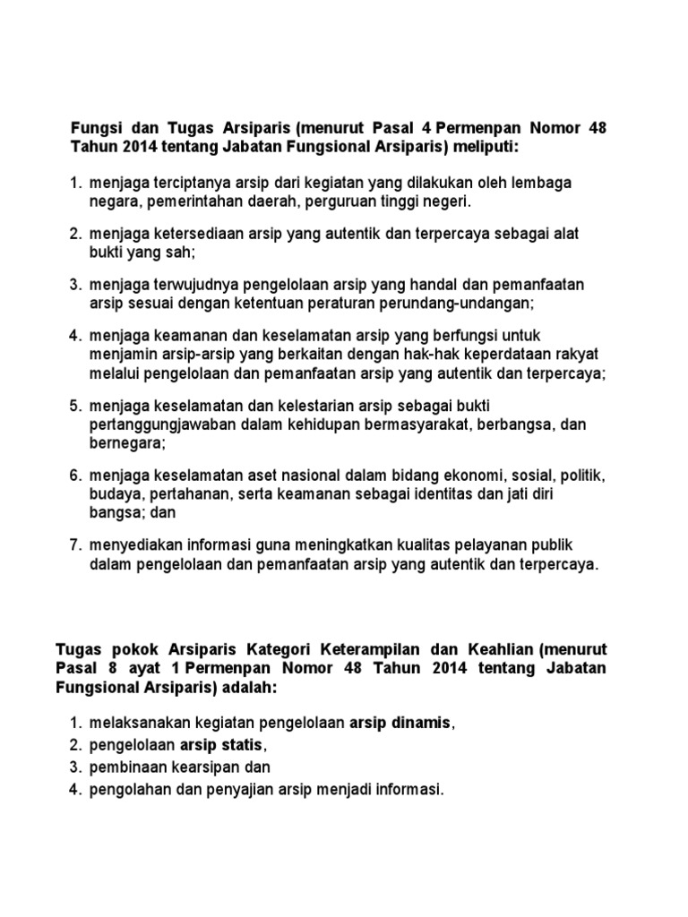 Fungsi Dan Tugas Arsiparis | PDF
