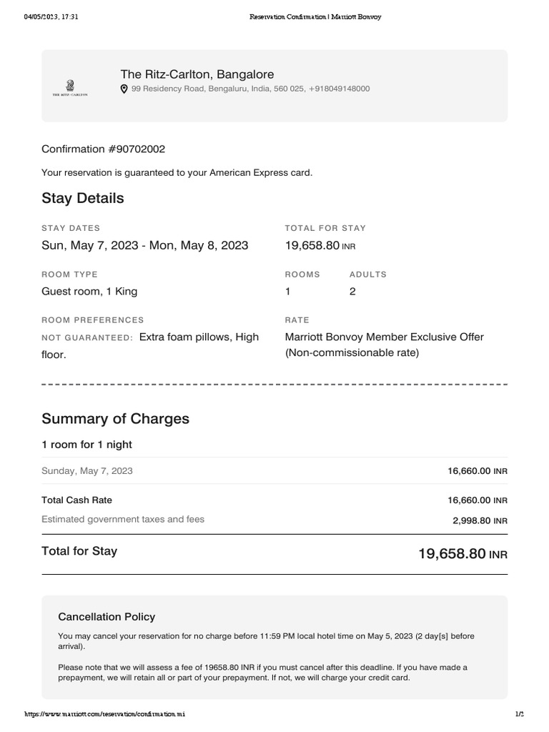 Reservation Confirmation - Marriott Bonvoy Bangalore | PDF