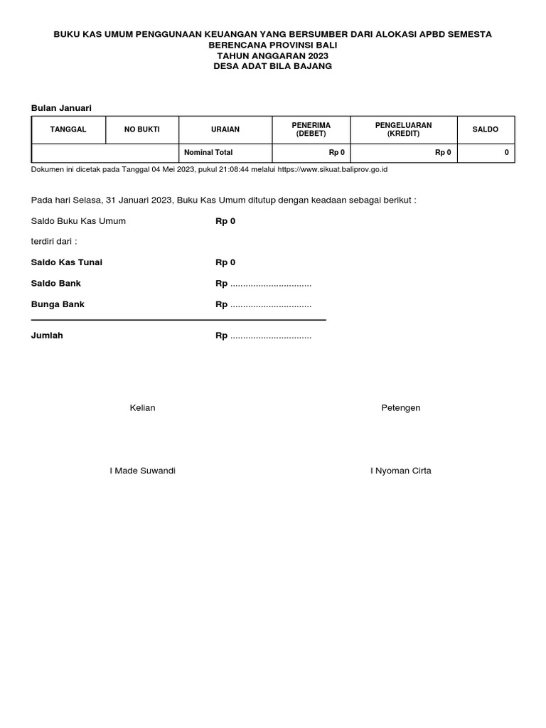 Buku Kas Umum - Desa Adat Bila Bajang | PDF