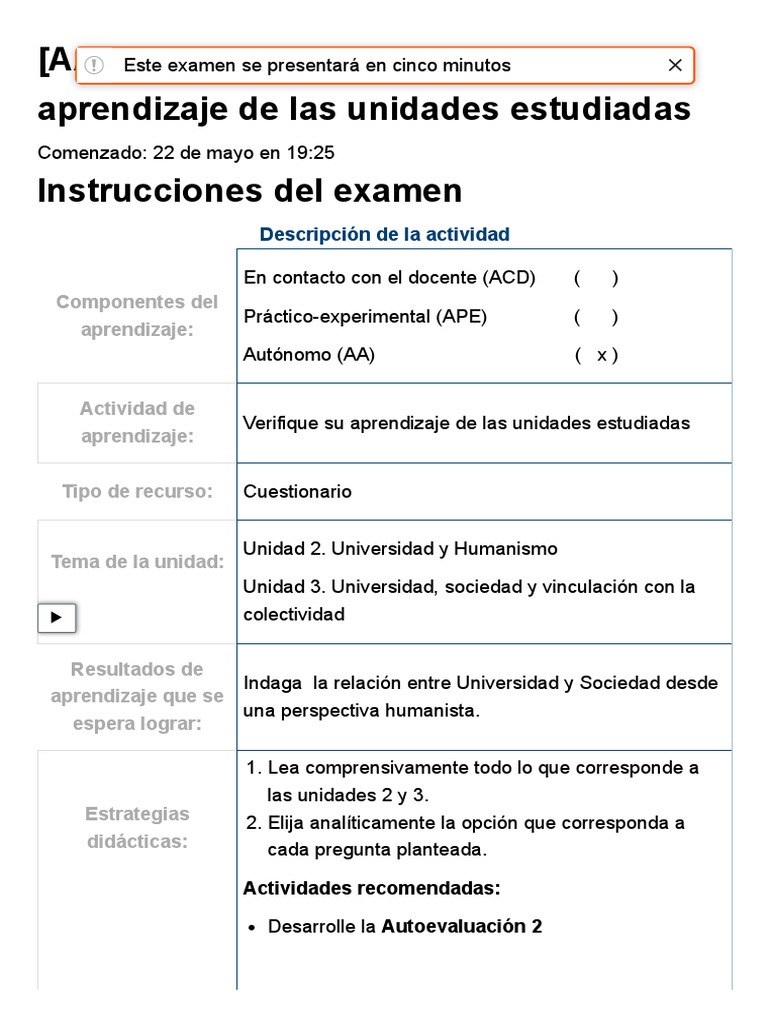 Examen - (AAB01) Cuestionario 2 - Verifique Su Aprendizaje de Las Unidades Estudiadas | PDF ...