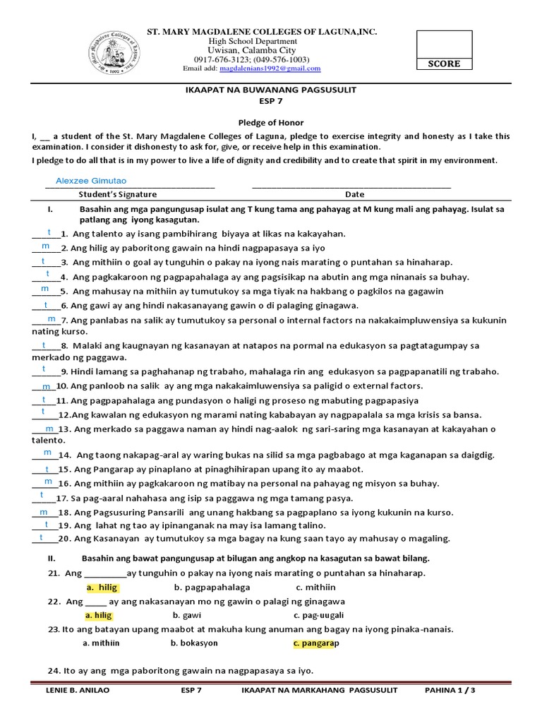 4th Quarterly Exam Esp 7 | PDF