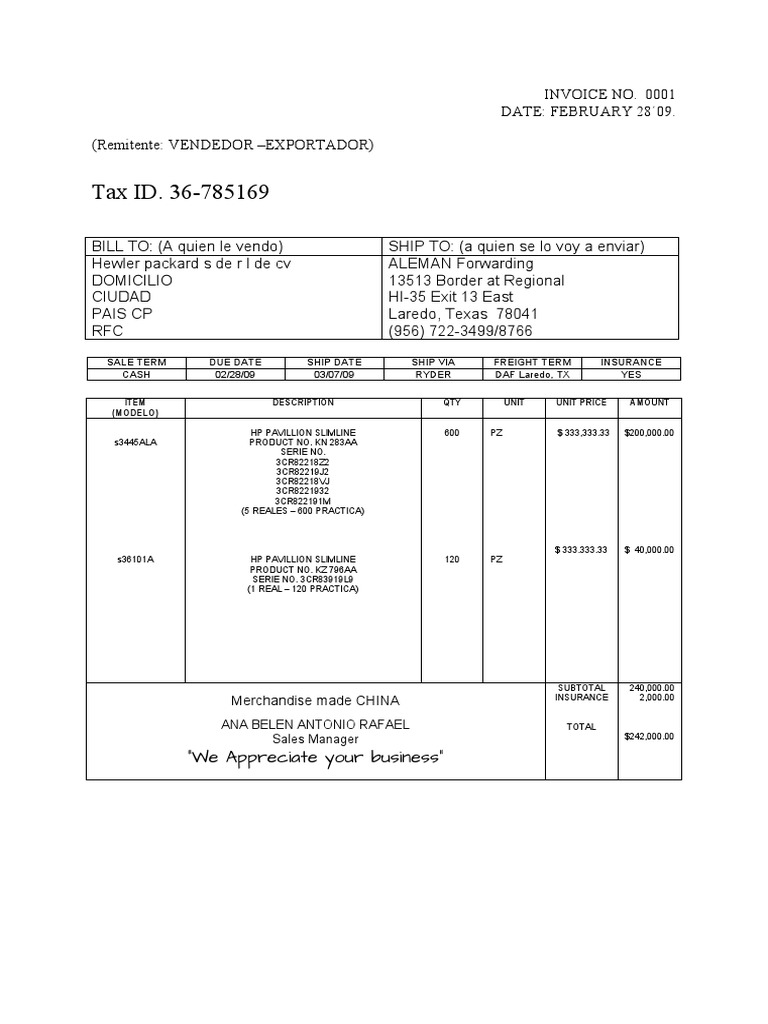 Ejemplo de Factura Comercial | PDF
