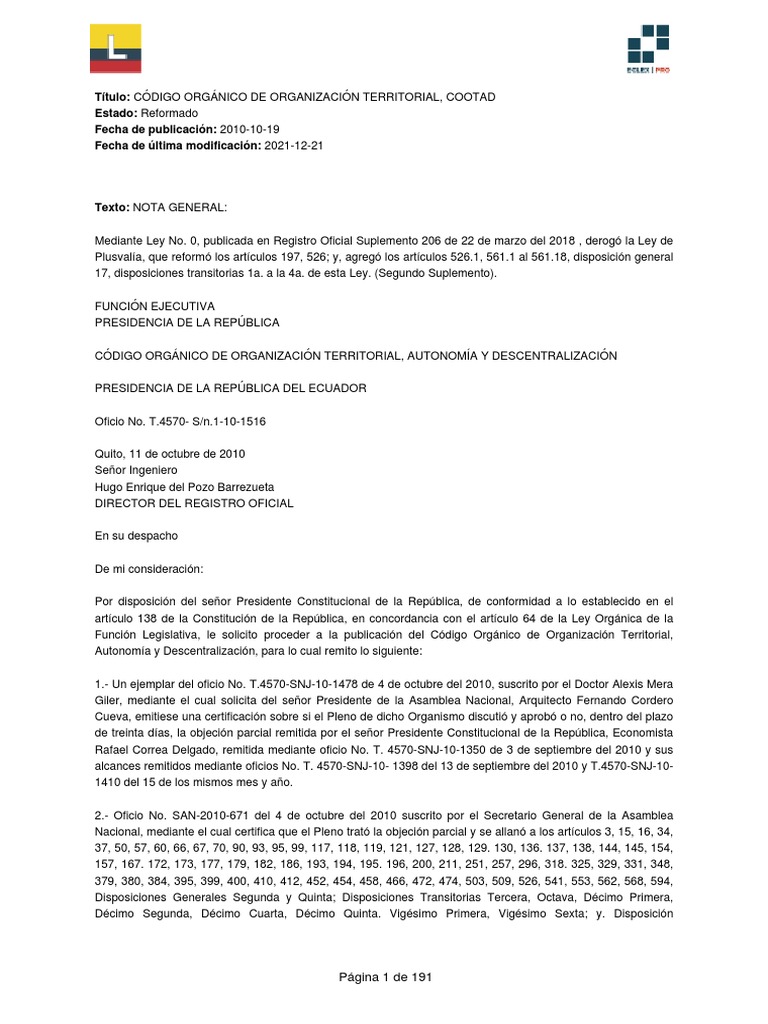 Descentr-Codigo Organico de Organizacion Territorial Cootad | PDF ...