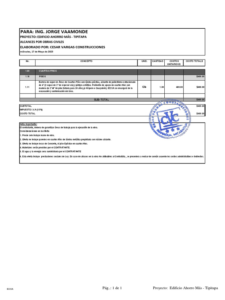Oferta de Construcción de Cuartos Fríos | PDF | Materiales