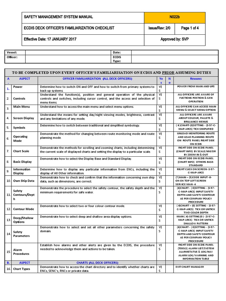 n022b Ecdis Familiarisation Checklist Master | PDF | Navigation | Menu ...