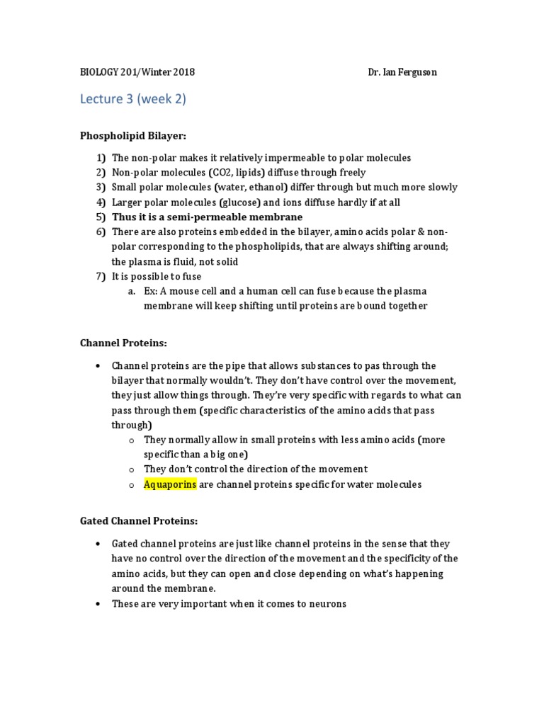 Lecture 3 (Week 2) : BIOLOGY 201/winter 2018 Dr. Ian Ferguson | PDF | Cell (Biology) | Cell Membrane