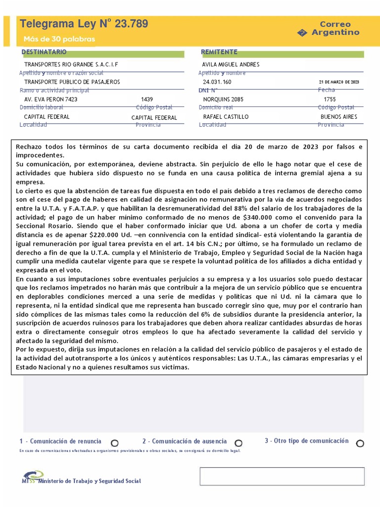 Telegrama Ley #23.789 | PDF | Gobierno