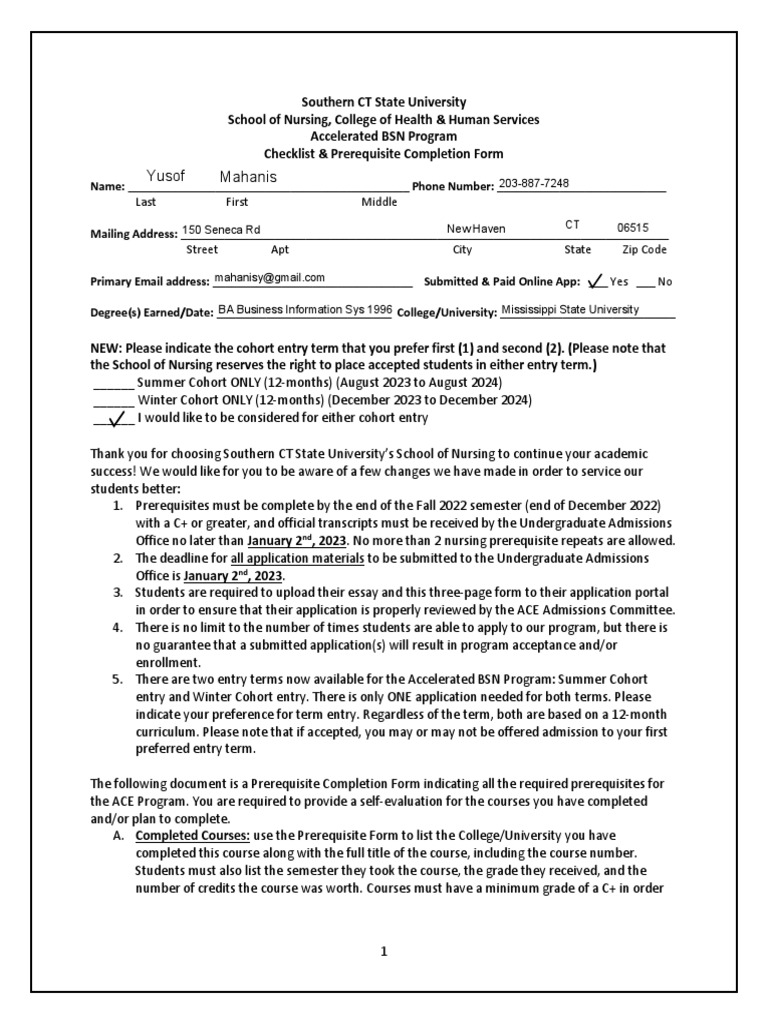 ACE Checklist Prerequisite Form 2023 2024 MY | PDF | Nursing ...