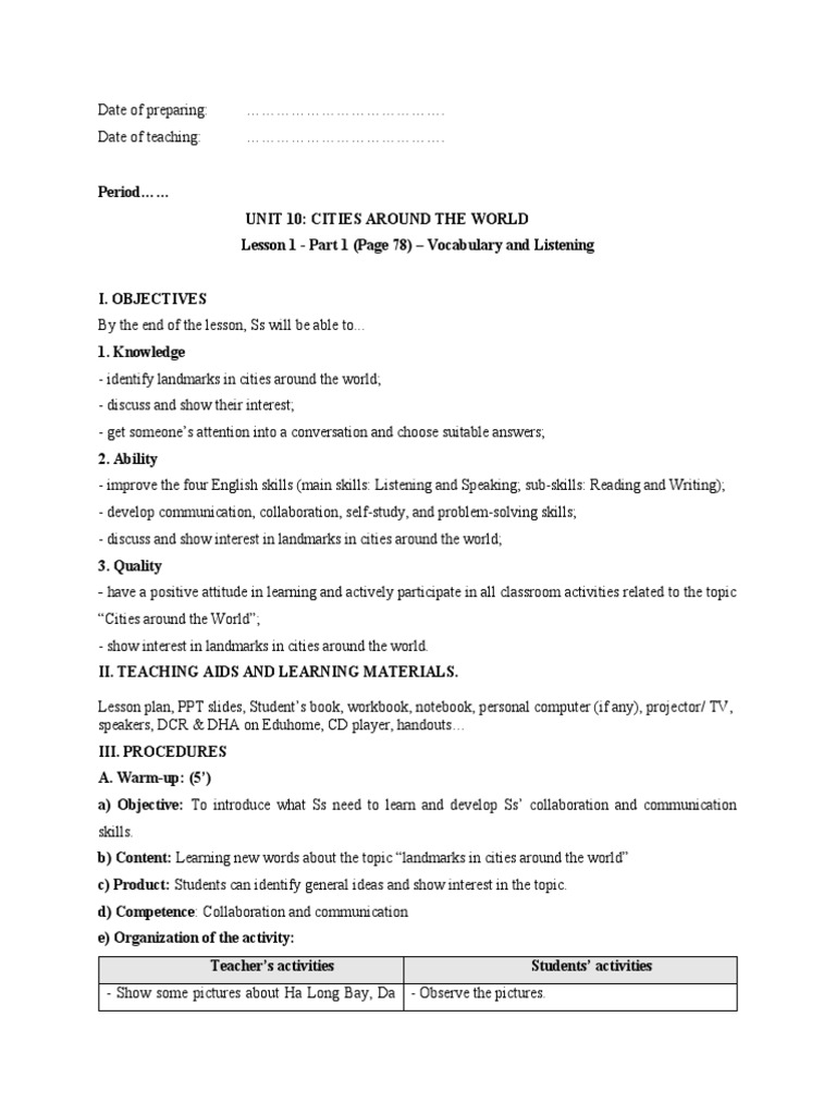 UNIT 10 - LESSON 1 - PART 1 - Vocabulary and Listening | PDF ...