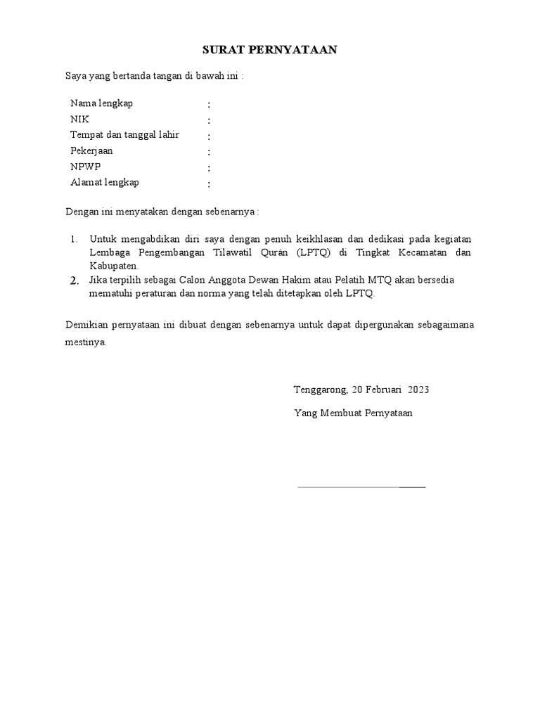 Surat Pernyataan Dewan Hakim 2023 | PDF