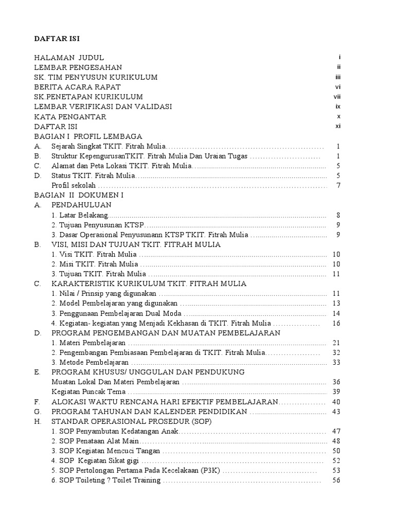 Daftar Isi KTSP TK | PDF