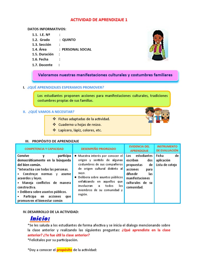 D1 A2 SESION PS. Valoramos Nuestras Manifestaciones Culturales y Costumbres Familiares | PDF ...