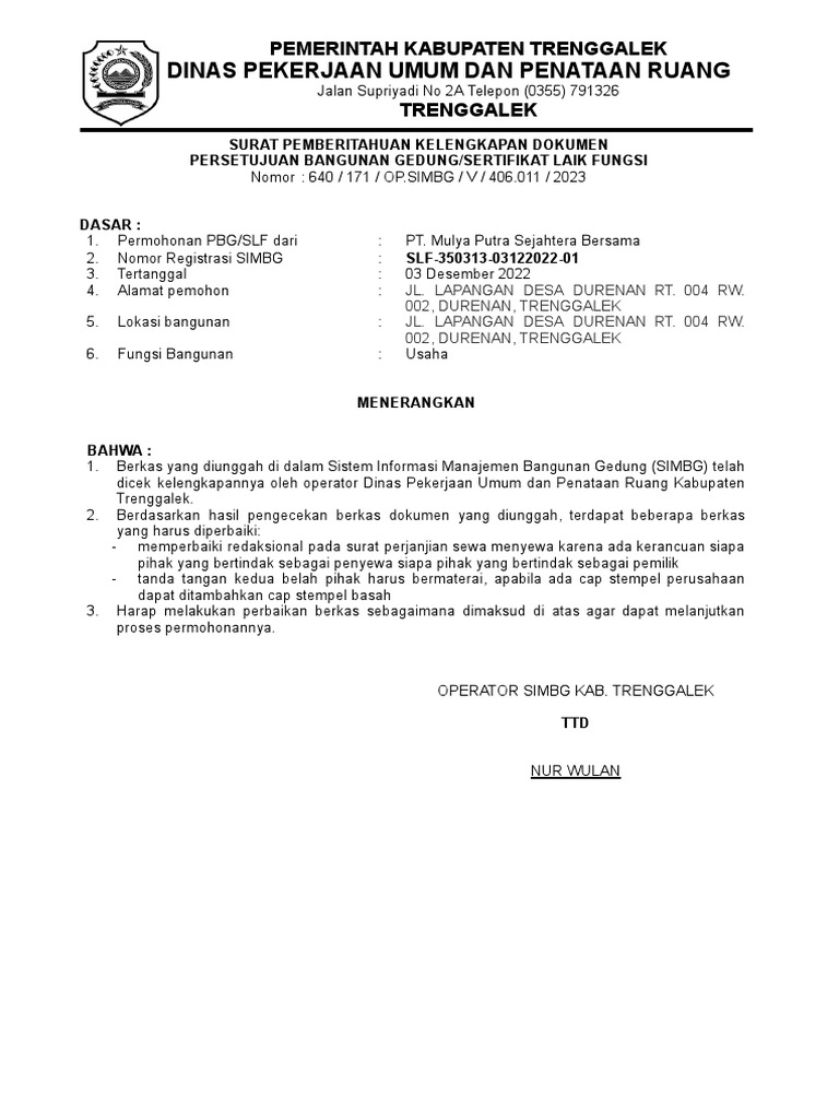Contoh Surat Revisi Simbg | PDF