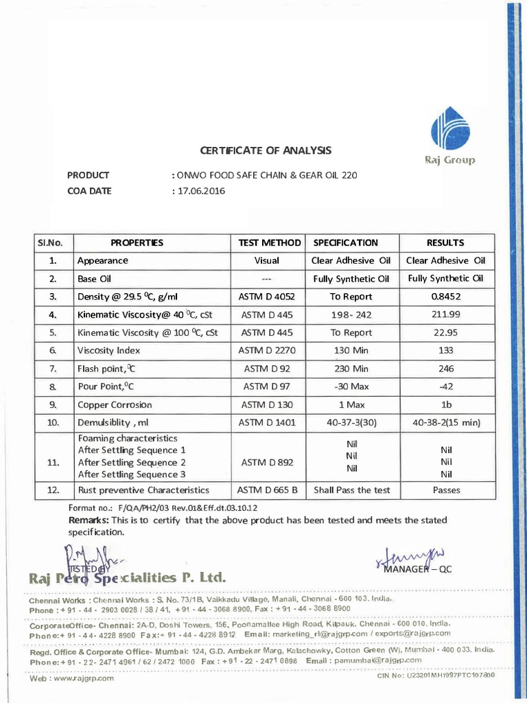 COA for ONWO Food Safe Gear Oil 220 | PDF | Viscosity | Physical Sciences