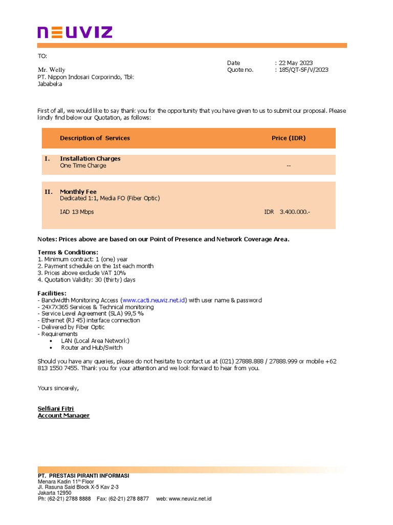 Quotation Internet Dedicated Neuviz To PT. Nippon Indosari Corporindo TBK Blok Q | PDF
