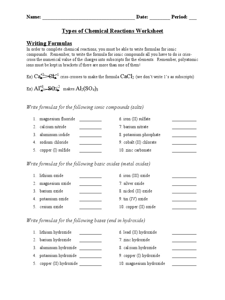 Types of Chemical Reactions Worksheet | PDF | Hydroxide | Oxide