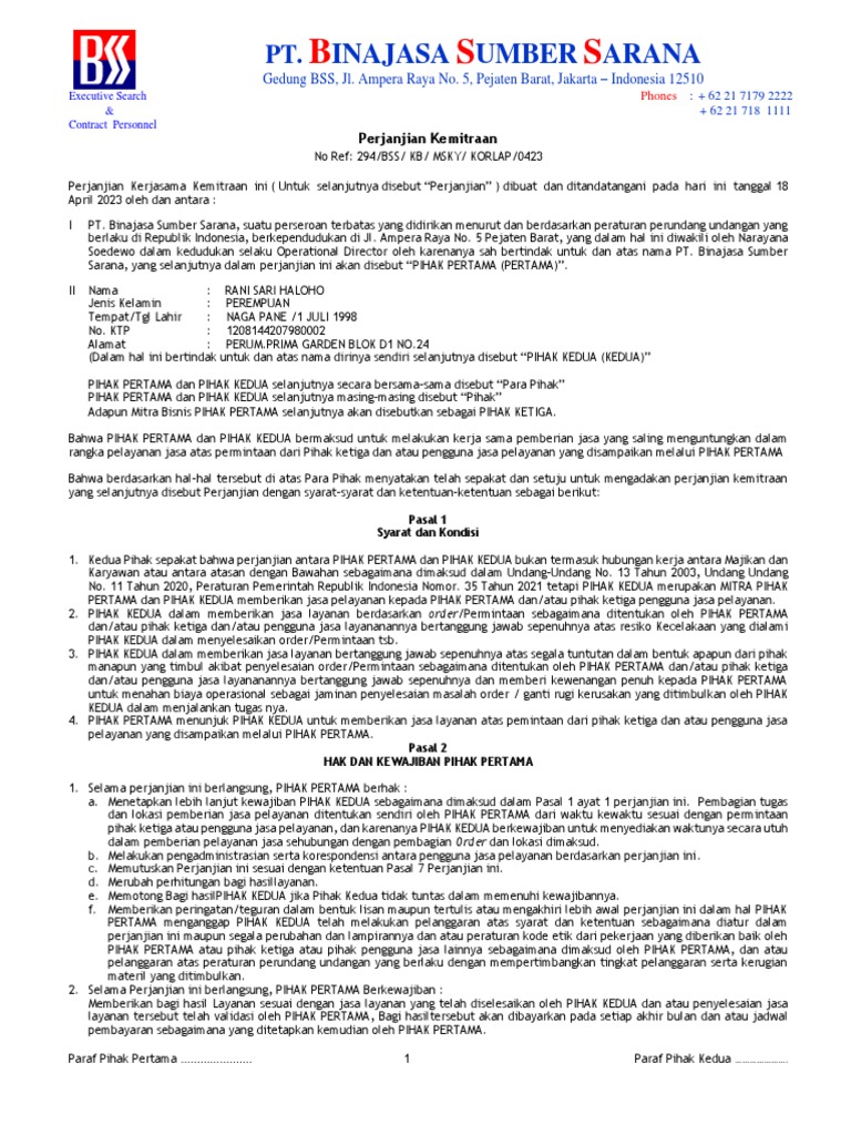Perjanjian Kemitraan PT BSS dan Rani Haloho | PDF