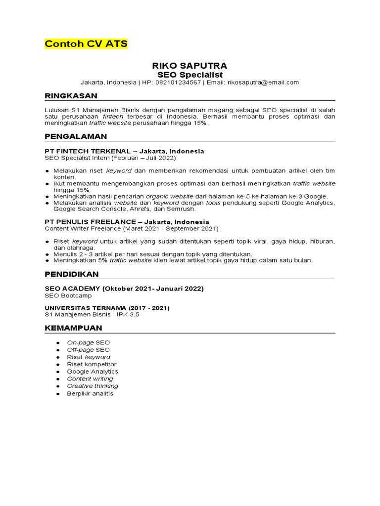 CV ATS (Bahasa Indonesia) | PDF | Karier & Perkembangan | Bisnis