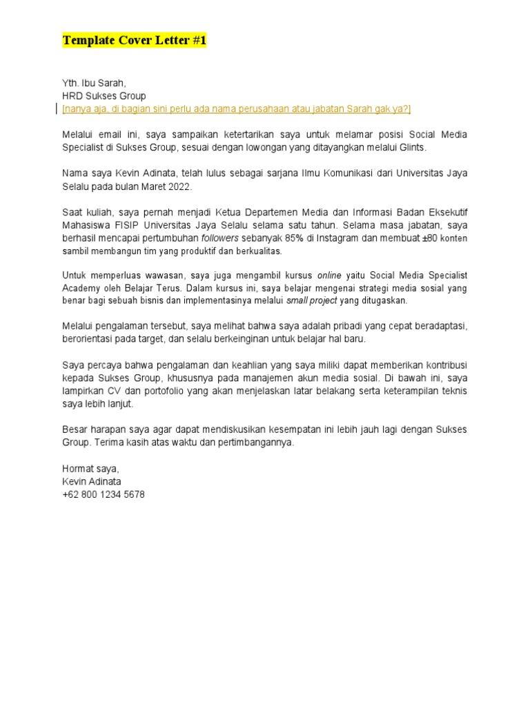 Template Cover Letter Bahasa Indonesia | PDF | Karier & Perkembangan