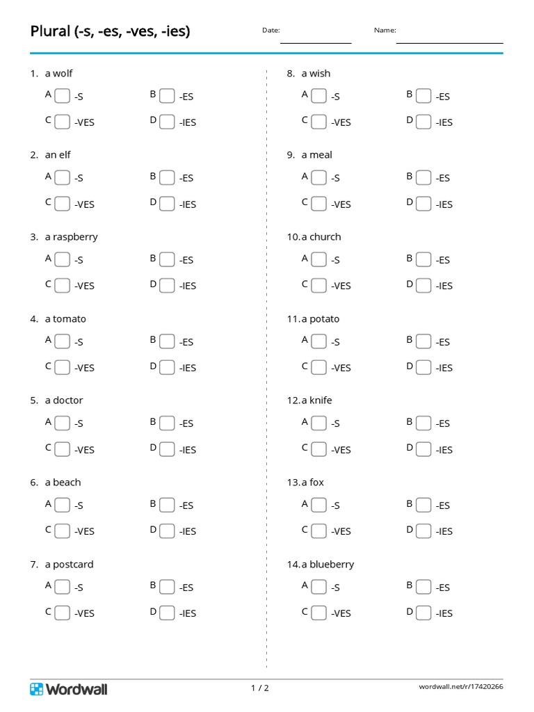 Plural Nouns: S, ES, IES, VES Worksheet | PDF
