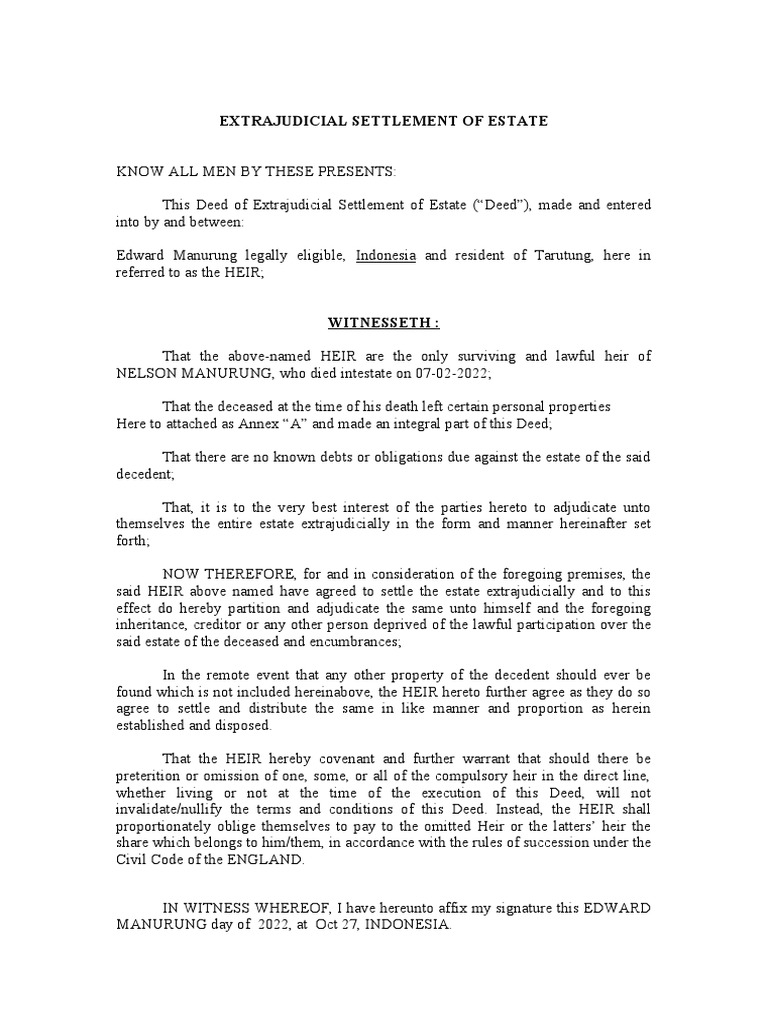Extrajudicial Settlement of Estate Template | Download Free PDF ...