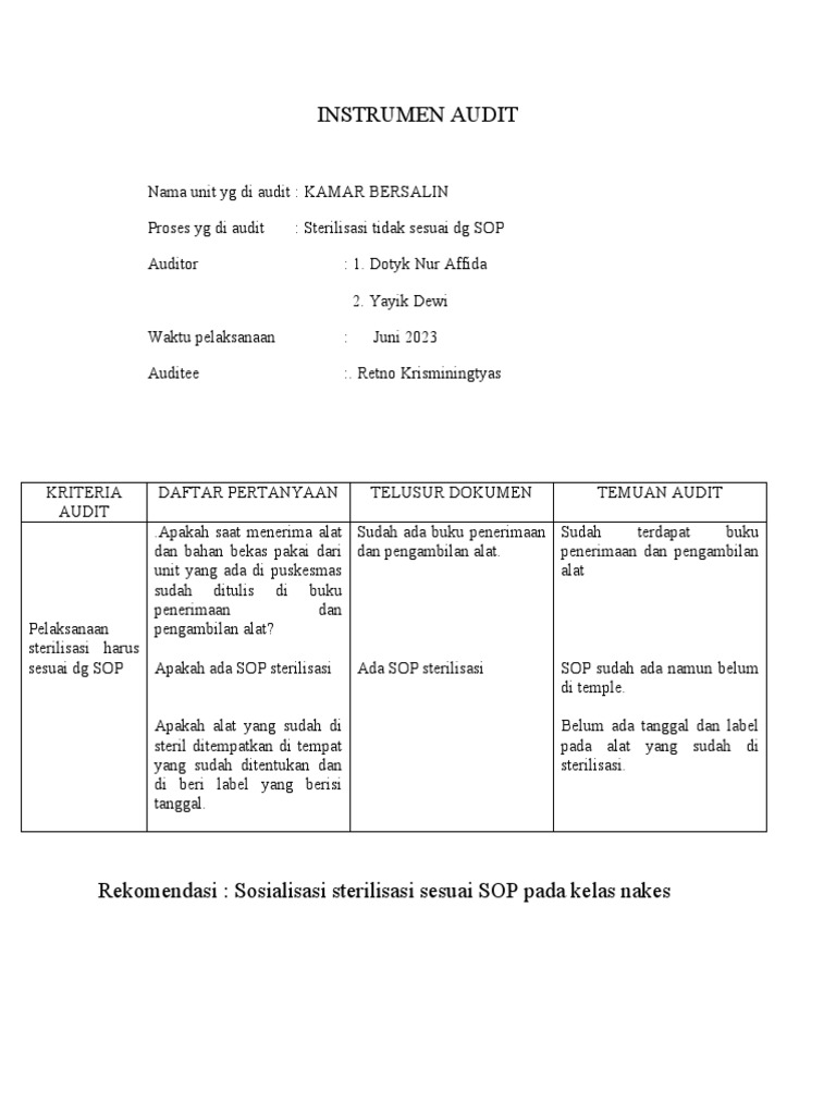 Instrumen Audit Sterilisasi | PDF