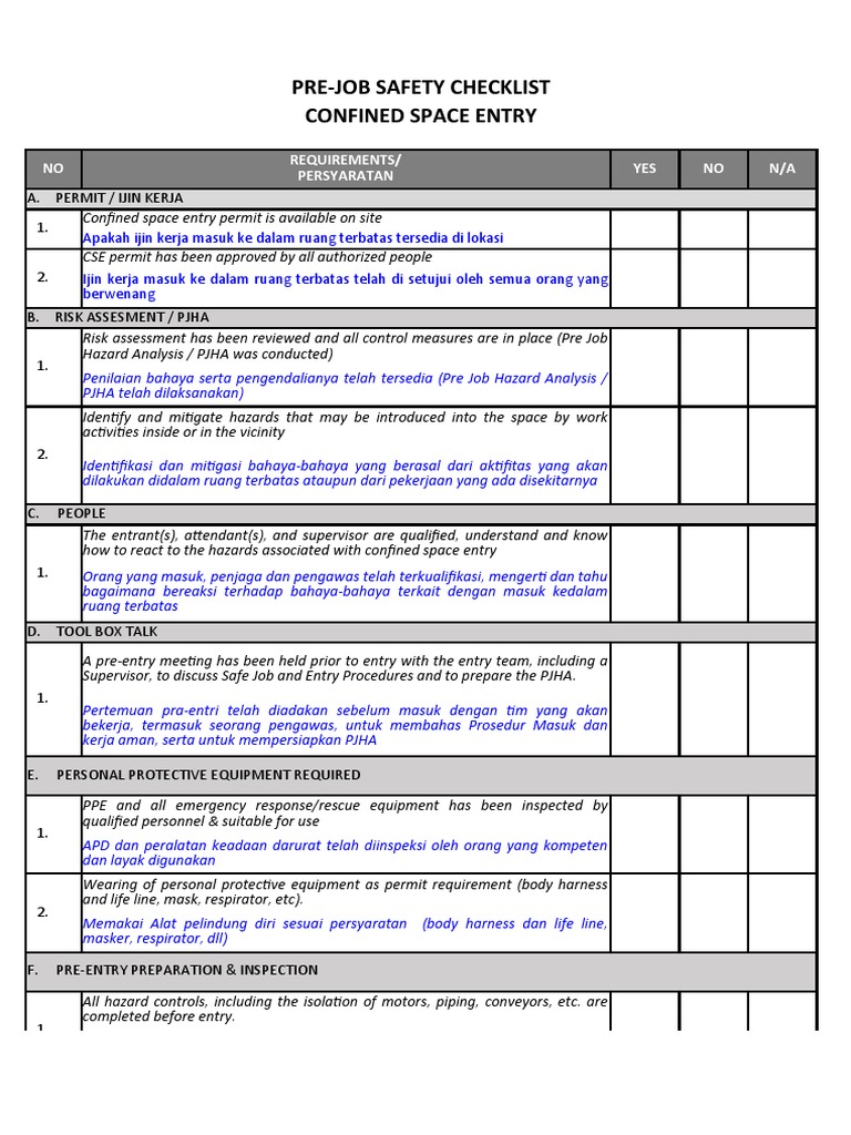 Confined Space Entry Safety Checklist | PDF | Safety