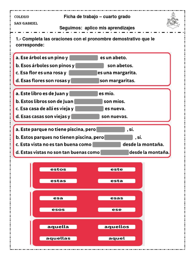 Ficha de Comunicacion Pronombres Demostrativos Cuarto Grado | PDF