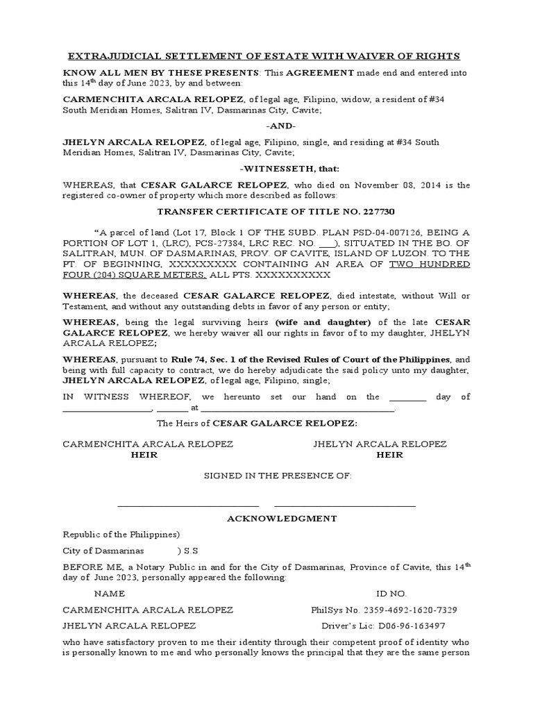 EXTRAJUDICIAL SETTLEMENT OF ESTATE RELOPEZ | PDF | Natural Resources Law | Document