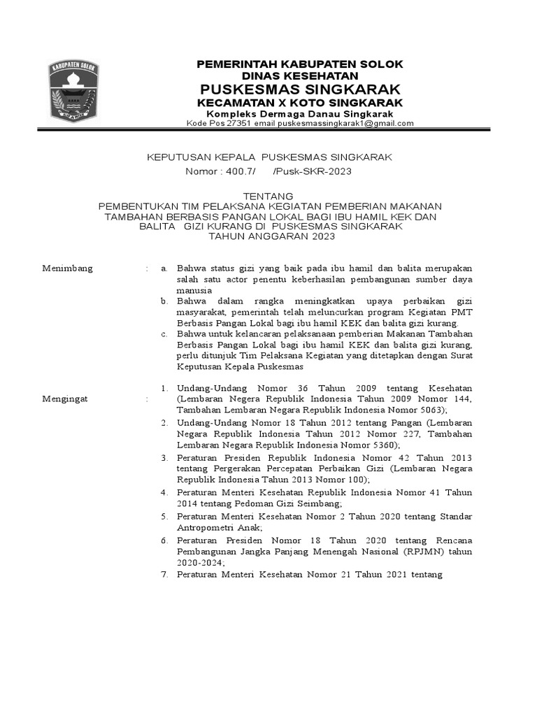 SK PMT Lokal Puskesmas Singkarak Tahun 2023-Edit | PDF
