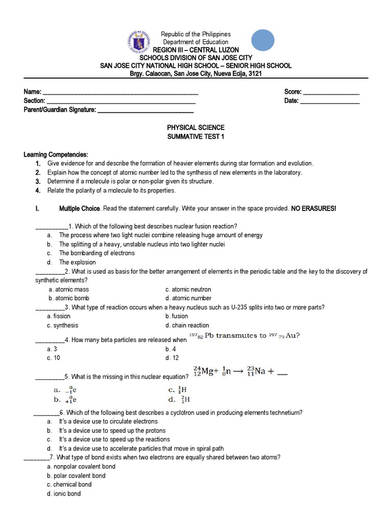 Physical Science Summative | PDF | Chemical Elements | Atoms
