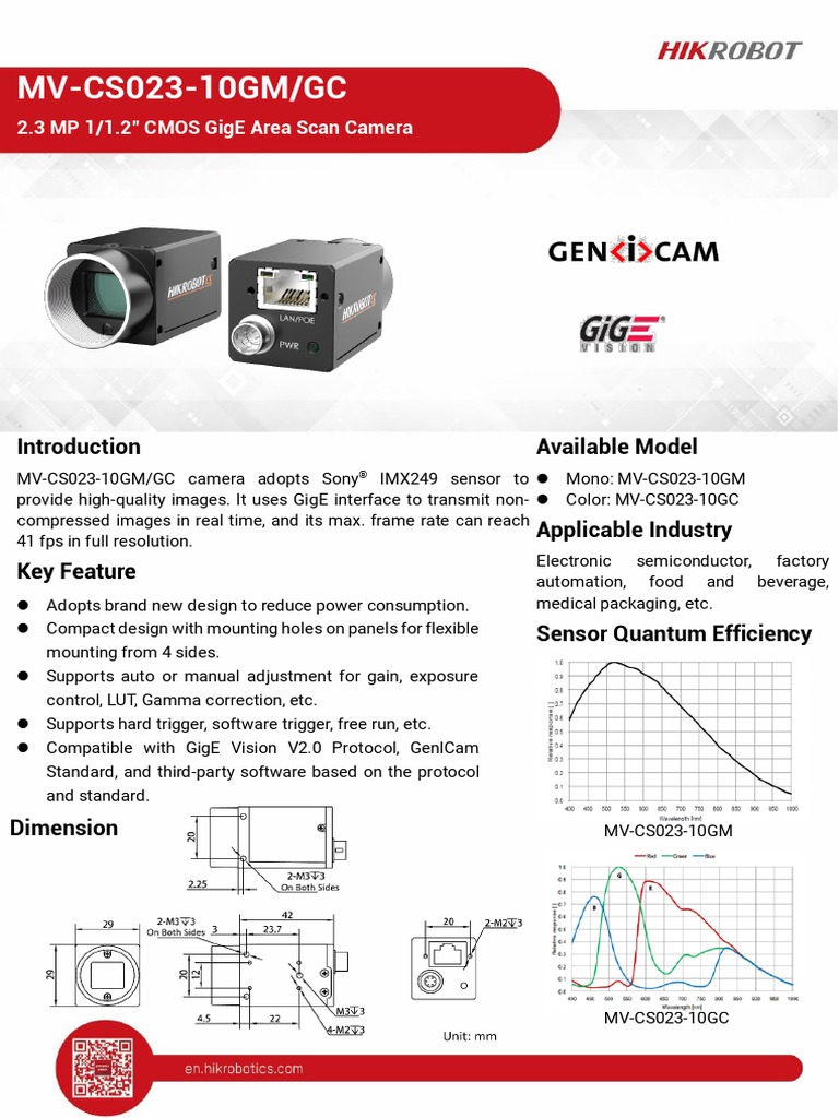 MV-CS023-10GMGC GigE Area Scan Camera - Datasheet - 20221109 | PDF | Pixel | Frame Rate