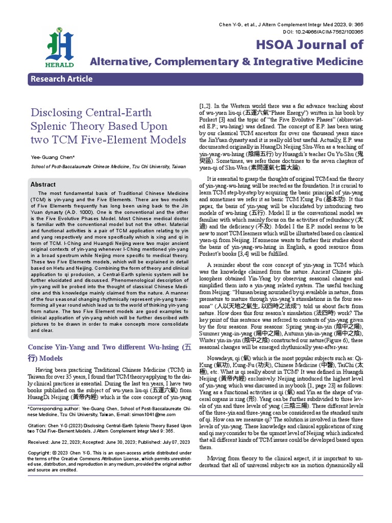 Disclosing Central Earth Splenic Theory Based Upon Two TCM Five Element ...