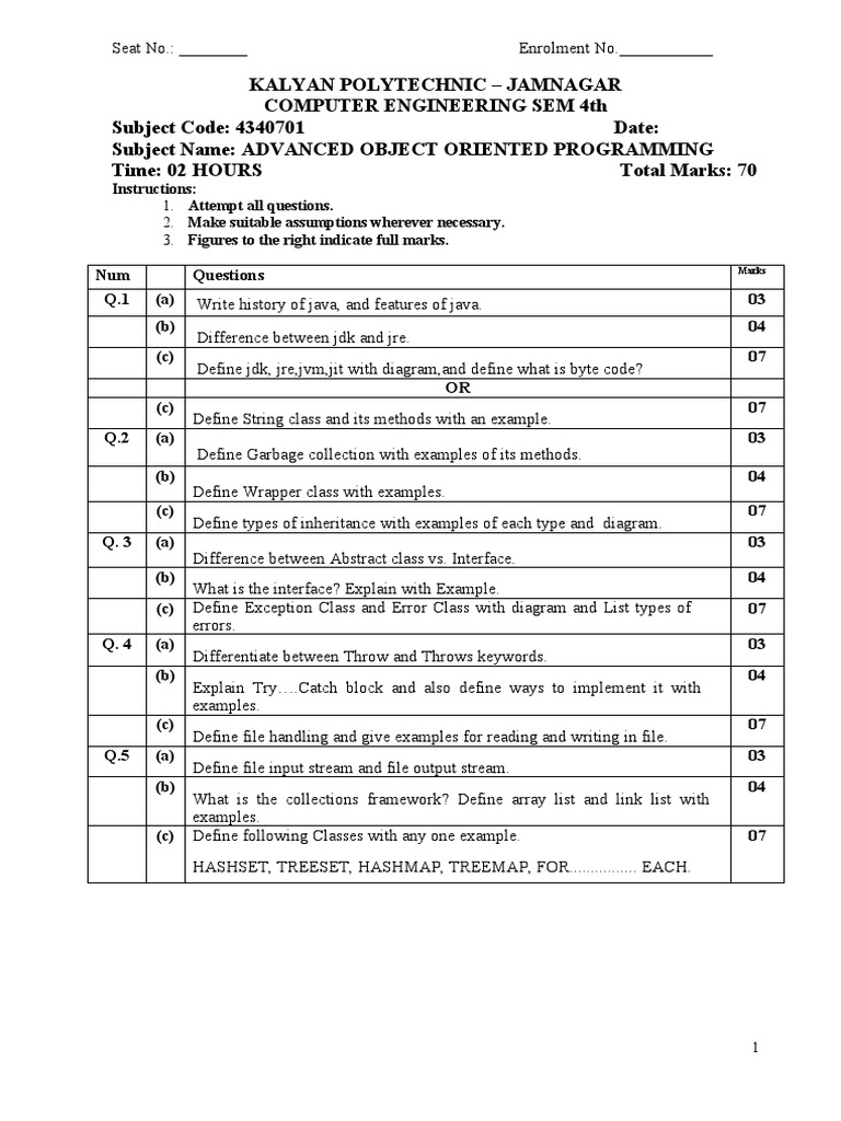 Aoop Examcollege Paper Pdf Java Programming Language Class Computer Programming