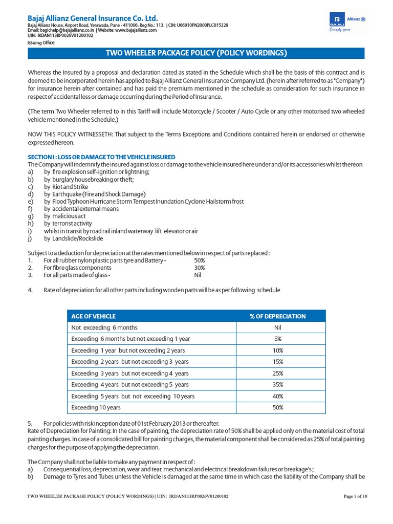 Two Wheeler Policy Wording | PDF | Indemnity | Insurance