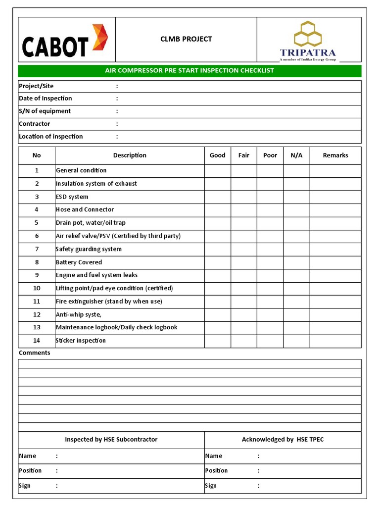 Form Air Compressor Pre Start Inspection Check List | PDF Form Air Compressor Pre Start Inspection Check List | PDF