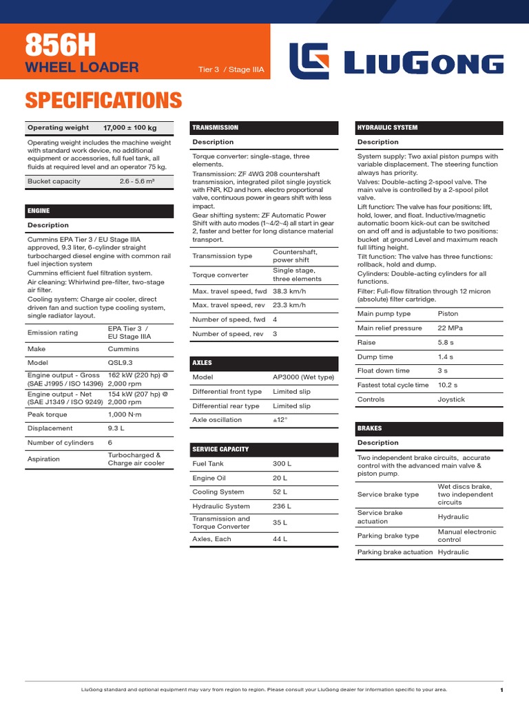 Liugong 856h Wheel Loader 17000 Kg 3 0 Cum 217 Hp | PDF | Horsepower | Automatic Transmission