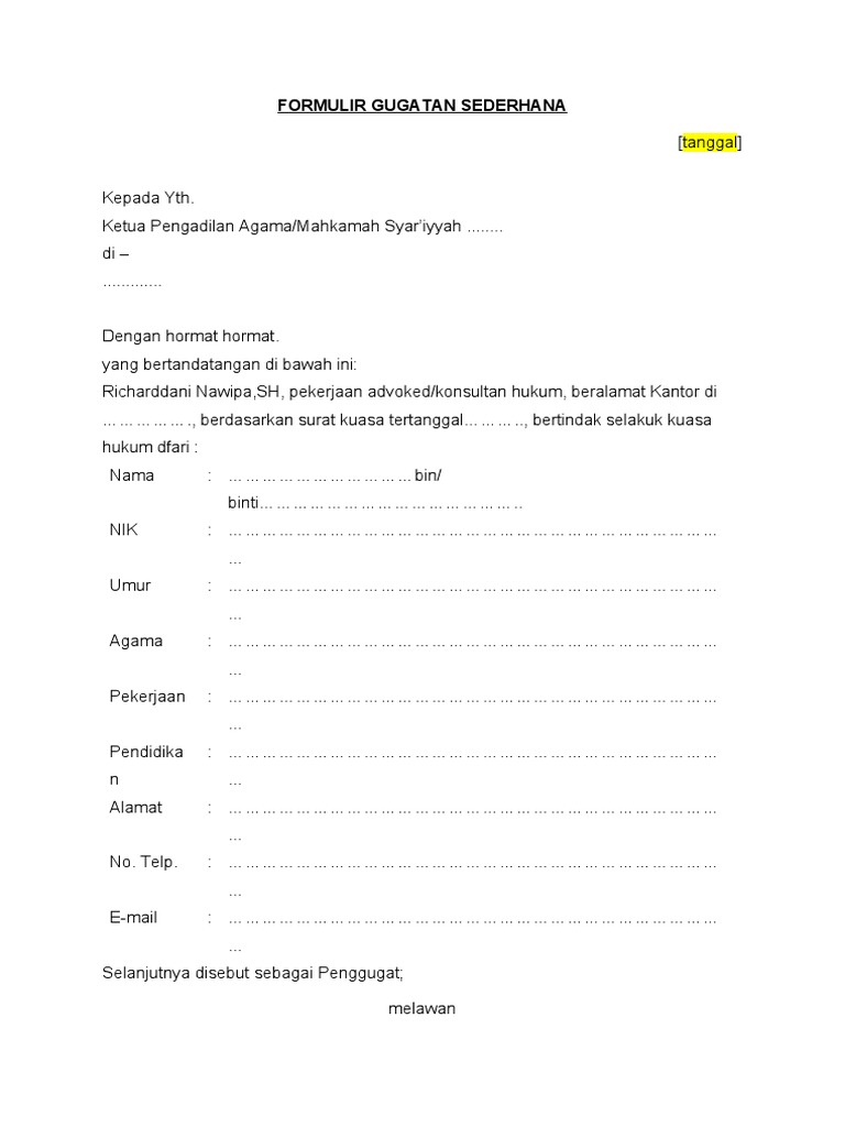 Formulir Gugatan Sederhana | PDF